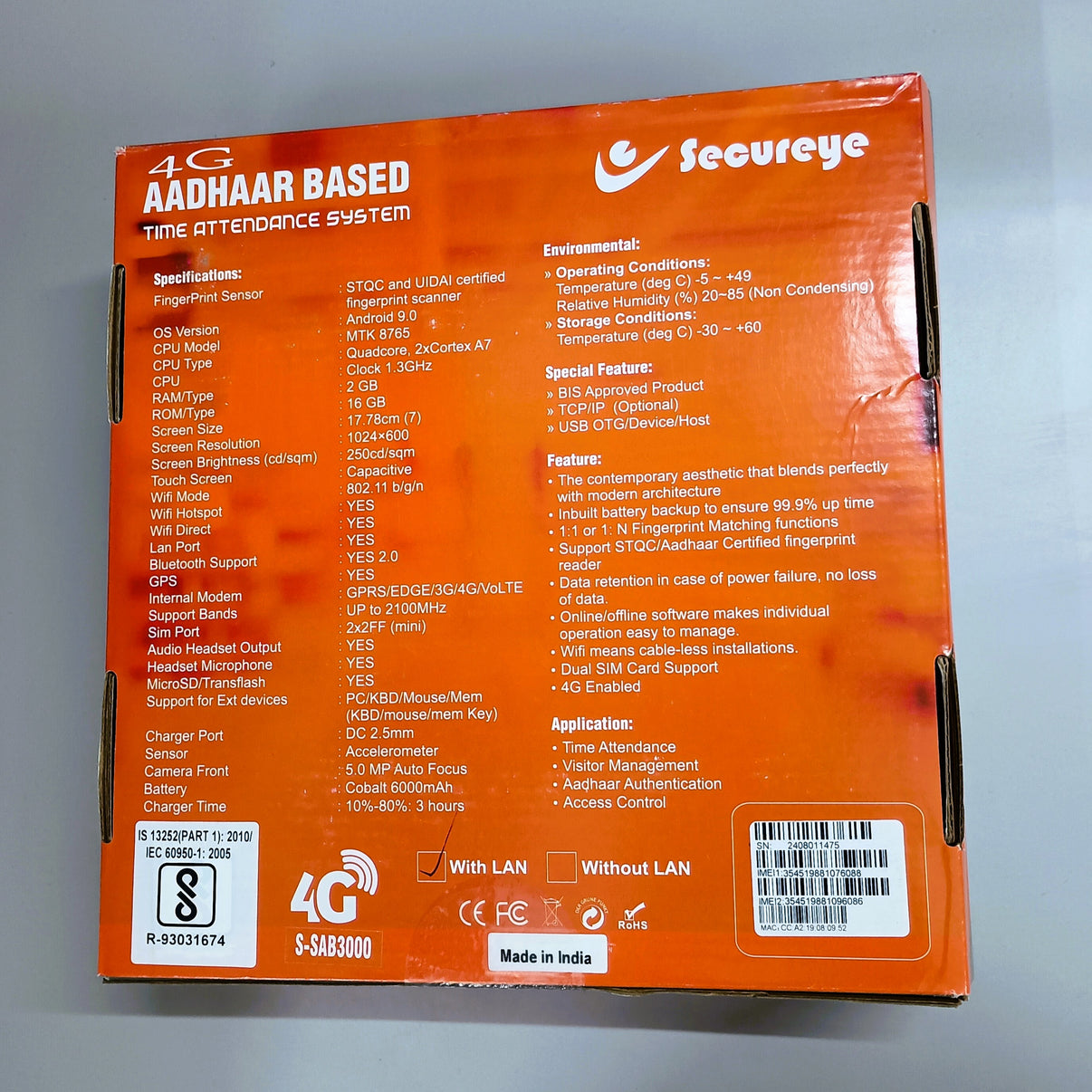 Aadhaar Enabled Secureye S-SAB3000 Biometric System, 4G AADHAAR BASED – Navkar Systems